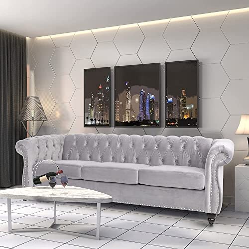 Chesterfield Sofa, Modern Tufted Velvet Couch 3 Seater with Scroll Arms and Nailhead for Living Room, Bedroom, Office, Apartment (Grey)