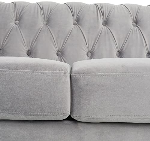 Chesterfield Sofa, Modern Tufted Velvet Couch 3 Seater with Scroll Arms and Nailhead for Living Room, Bedroom, Office, Apartment (Grey)