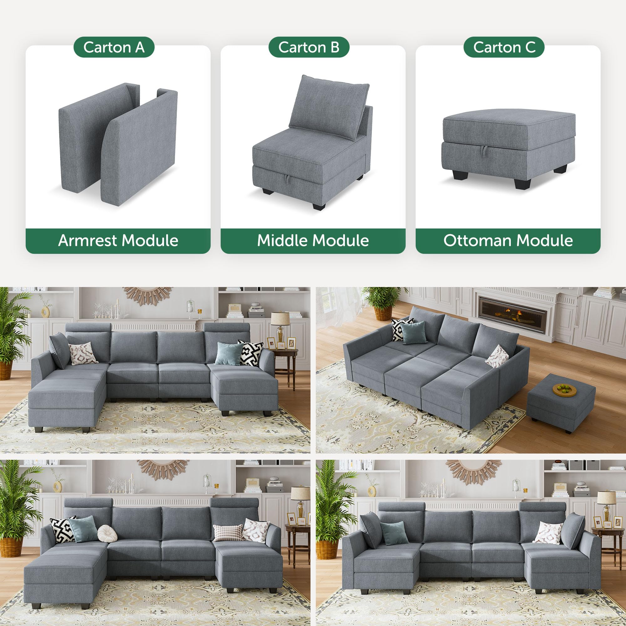 HONBAY Modular Sectional Sofa with Storage Reversible Sectional Modular Sofa Couch with Ottomans U Shaped Sectional Couch for Living Room, Bluish Grey