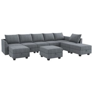 HONBAY Modular Sectional Sofa with Storage Reversible Sectional Modular Sofa Couch with Ottomans U Shaped Sectional Couch for Living Room, Bluish Grey