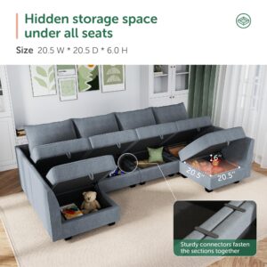 HONBAY Modular Sectional Sofa with Storage Reversible Sectional Modular Sofa Couch with Ottomans U Shaped Sectional Couch for Living Room, Bluish Grey