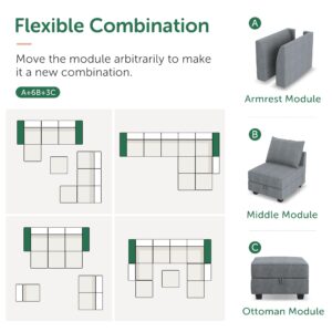 HONBAY Modular Sectional Sofa with Storage Reversible Sectional Modular Sofa Couch with Ottomans U Shaped Sectional Couch for Living Room, Bluish Grey