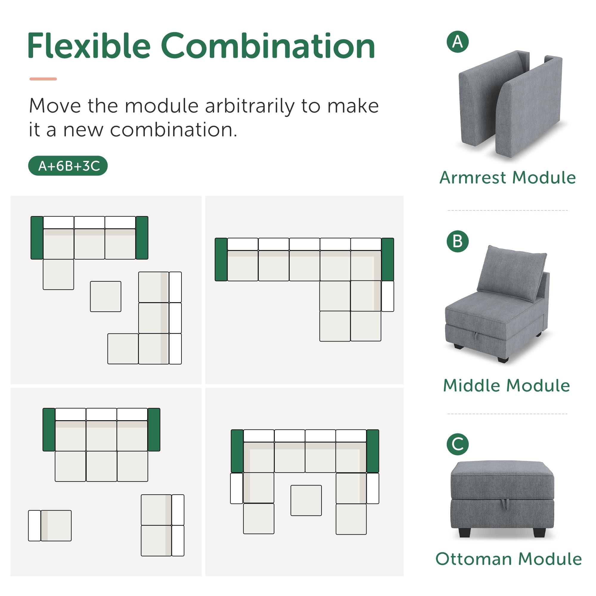 HONBAY Modular Sectional Sofa with Storage Reversible Sectional Modular Sofa Couch with Ottomans U Shaped Sectional Couch for Living Room, Bluish Grey