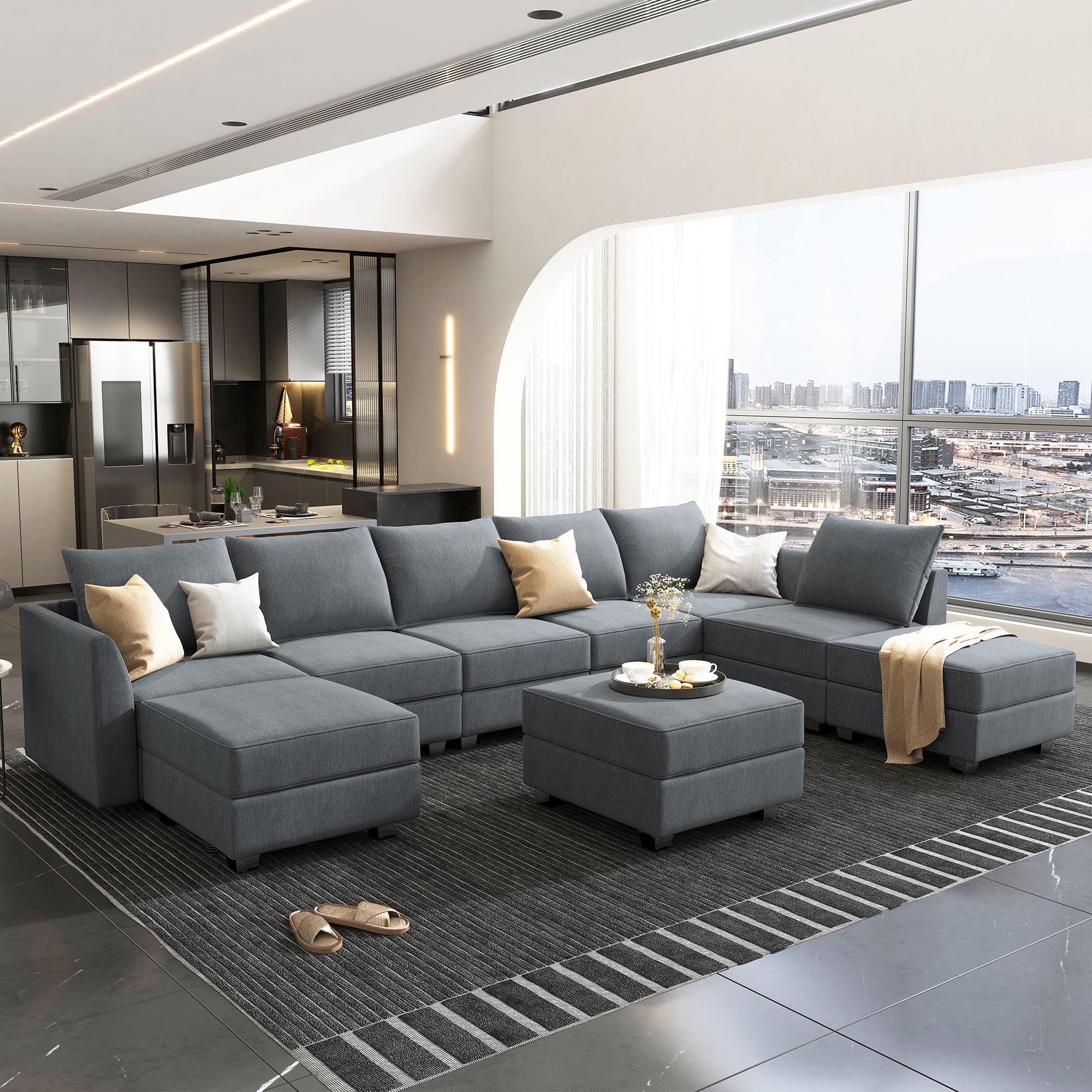 HONBAY Modular Sectional Sofa with Storage Reversible Sectional Modular Sofa Couch with Ottomans U Shaped Sectional Couch for Living Room, Bluish Grey