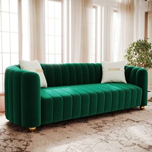 yunqishi keai 83.46" green velvet couch for living room emerald green large modern sofa with gold metal sphere legs comfy 3 seater cute sherpa green couches for bedroom office (green)