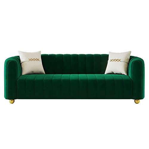 yunqishi KEAI 83.46" Green Velvet Couch for Living Room Emerald Green Large Modern Sofa with Gold Metal Sphere Legs Comfy 3 Seater Cute Sherpa Green Couches for Bedroom Office (Green)