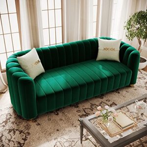 yunqishi KEAI 83.46" Green Velvet Couch for Living Room Emerald Green Large Modern Sofa with Gold Metal Sphere Legs Comfy 3 Seater Cute Sherpa Green Couches for Bedroom Office (Green)