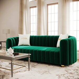 yunqishi KEAI 83.46" Green Velvet Couch for Living Room Emerald Green Large Modern Sofa with Gold Metal Sphere Legs Comfy 3 Seater Cute Sherpa Green Couches for Bedroom Office (Green)