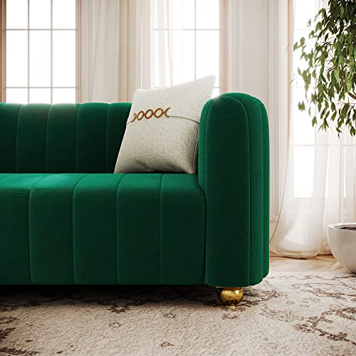 yunqishi KEAI 83.46" Green Velvet Couch for Living Room Emerald Green Large Modern Sofa with Gold Metal Sphere Legs Comfy 3 Seater Cute Sherpa Green Couches for Bedroom Office (Green)