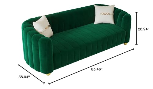 yunqishi KEAI 83.46" Green Velvet Couch for Living Room Emerald Green Large Modern Sofa with Gold Metal Sphere Legs Comfy 3 Seater Cute Sherpa Green Couches for Bedroom Office (Green)