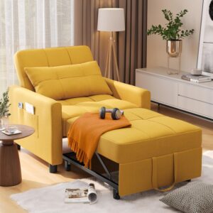 noelse 3 in 1 sofa bed, convertible chair bed sleeper chair, pull out sleeper sofa bed sofa chair, with adjustable backrest pillow modern linen fabric for living room apartment (yellow£©