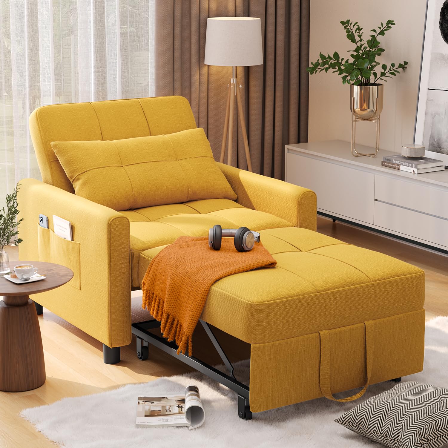 Noelse 3 in 1 Sofa Bed, Convertible Chair Bed Sleeper Chair, Pull Out Sleeper Sofa Bed Sofa Chair, with Adjustable Backrest Pillow Modern Linen Fabric for Living Room Apartment (Yellow£©