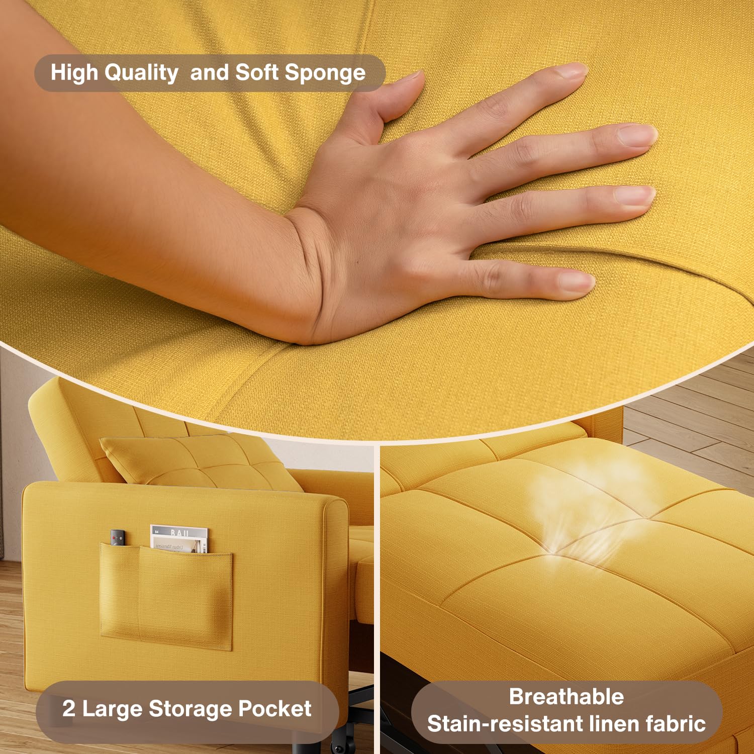 Noelse 3 in 1 Sofa Bed, Convertible Chair Bed Sleeper Chair, Pull Out Sleeper Sofa Bed Sofa Chair, with Adjustable Backrest Pillow Modern Linen Fabric for Living Room Apartment (Yellow£©