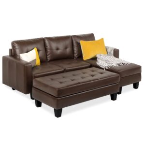 best choice products tufted faux leather 3-seat l-shape sectional sofa couch set w/chaise lounge, ottoman coffee table bench, brown