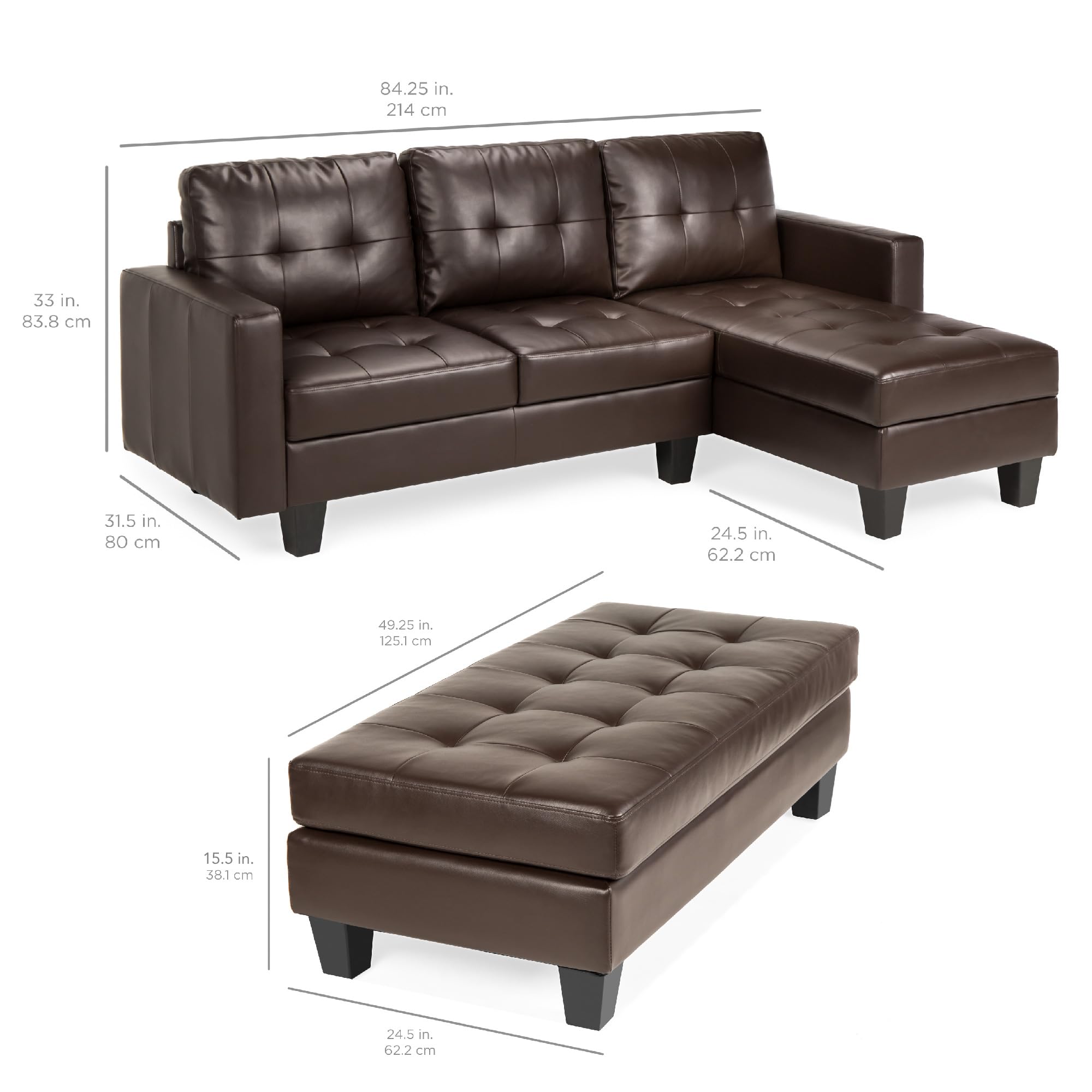 Best Choice Products Tufted Faux Leather 3-Seat L-Shape Sectional Sofa Couch Set w/Chaise Lounge, Ottoman Coffee Table Bench, Brown