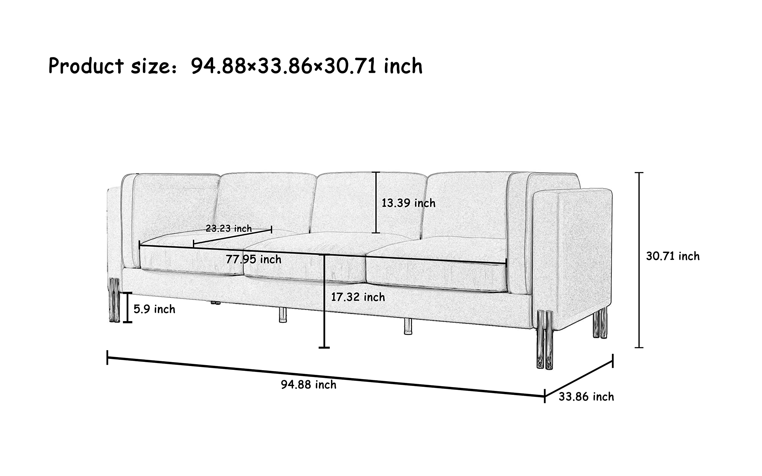 IQIAite 95'' Luxury Velvet Sofa Couch for 3 Person Fashion Couch with, Metal Legs Solid Wood Frame Chesterfield Sofa Couch for Living Room/Hotel (Velvet, New Green)