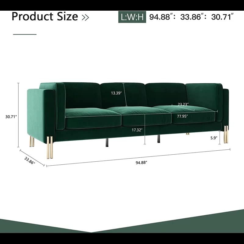 IQIAite 95'' Luxury Velvet Sofa Couch for 3 Person Fashion Couch with, Metal Legs Solid Wood Frame Chesterfield Sofa Couch for Living Room/Hotel (Velvet, New Green)