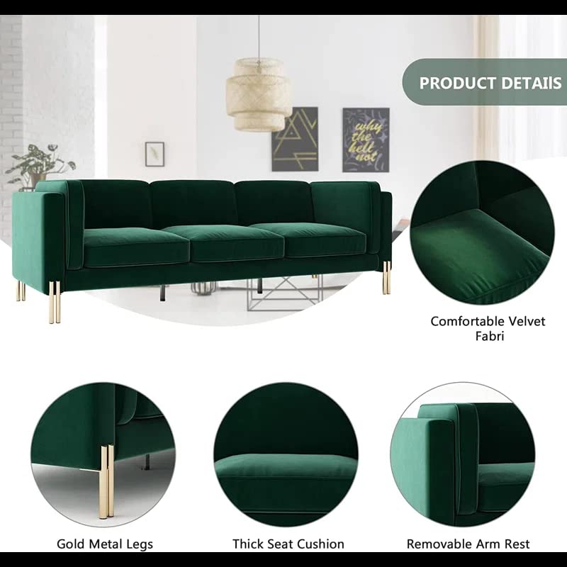 IQIAite 95'' Luxury Velvet Sofa Couch for 3 Person Fashion Couch with, Metal Legs Solid Wood Frame Chesterfield Sofa Couch for Living Room/Hotel (Velvet, New Green)