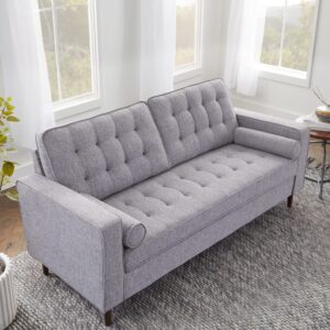 edenbrook lynnwood upholstered sofa - couch for living room office or bedroom - mid-century modern design furniture - buttonless tufting - simple assembly - includes bolster pillows - light gray