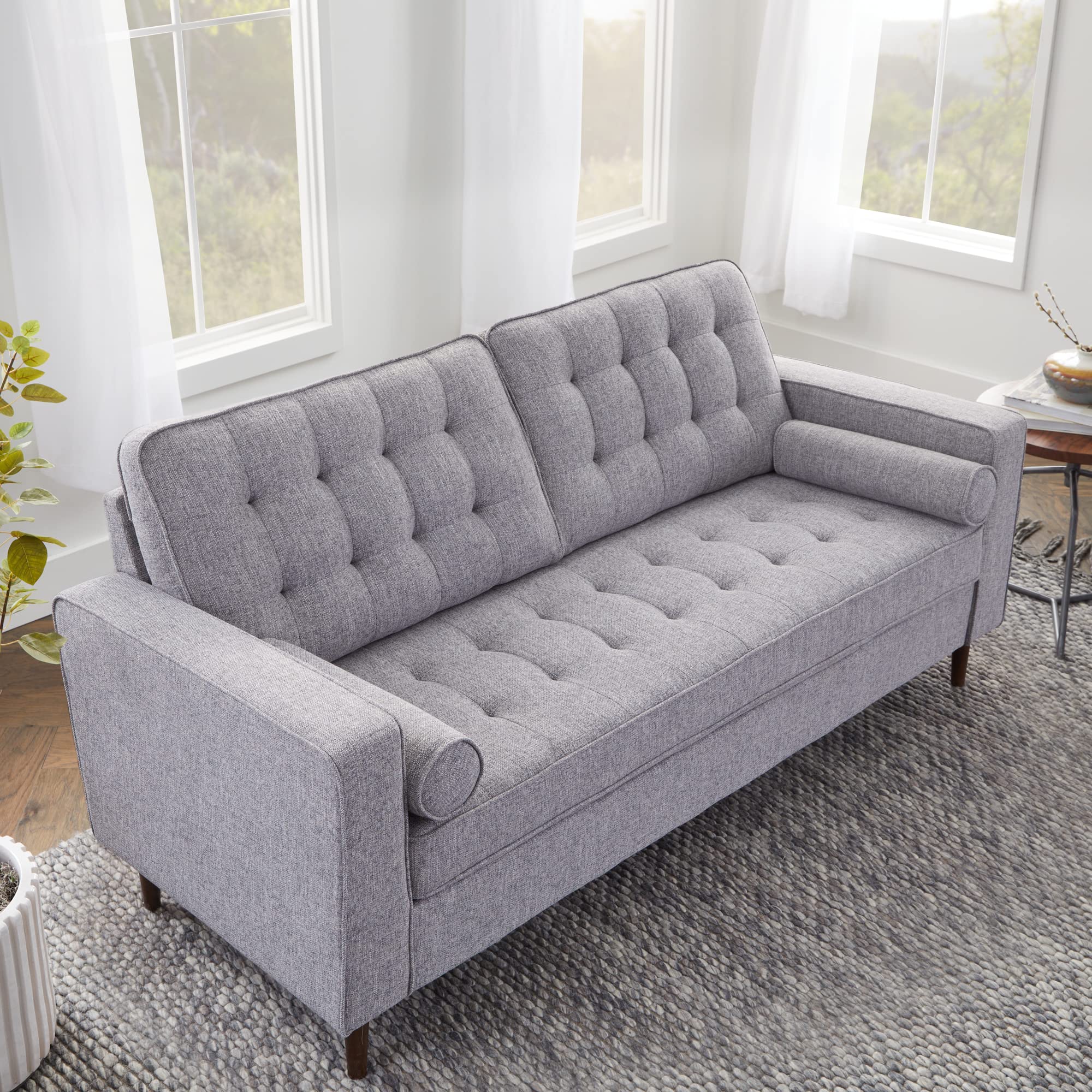 Edenbrook Lynnwood Upholstered Sofa - Couch for Living Room Office or Bedroom - Mid-Century Modern Design Furniture - Buttonless Tufting - Simple Assembly - Includes Bolster Pillows - Light Gray