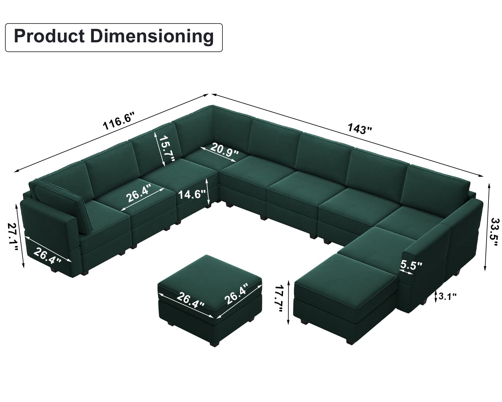 Belffin Modular Sectional Sofa with Ottomans Velvet Oversized U Shaped Sofa Couch with Storage Seats Sofa Set with Reversible Chaise Velvet Green…