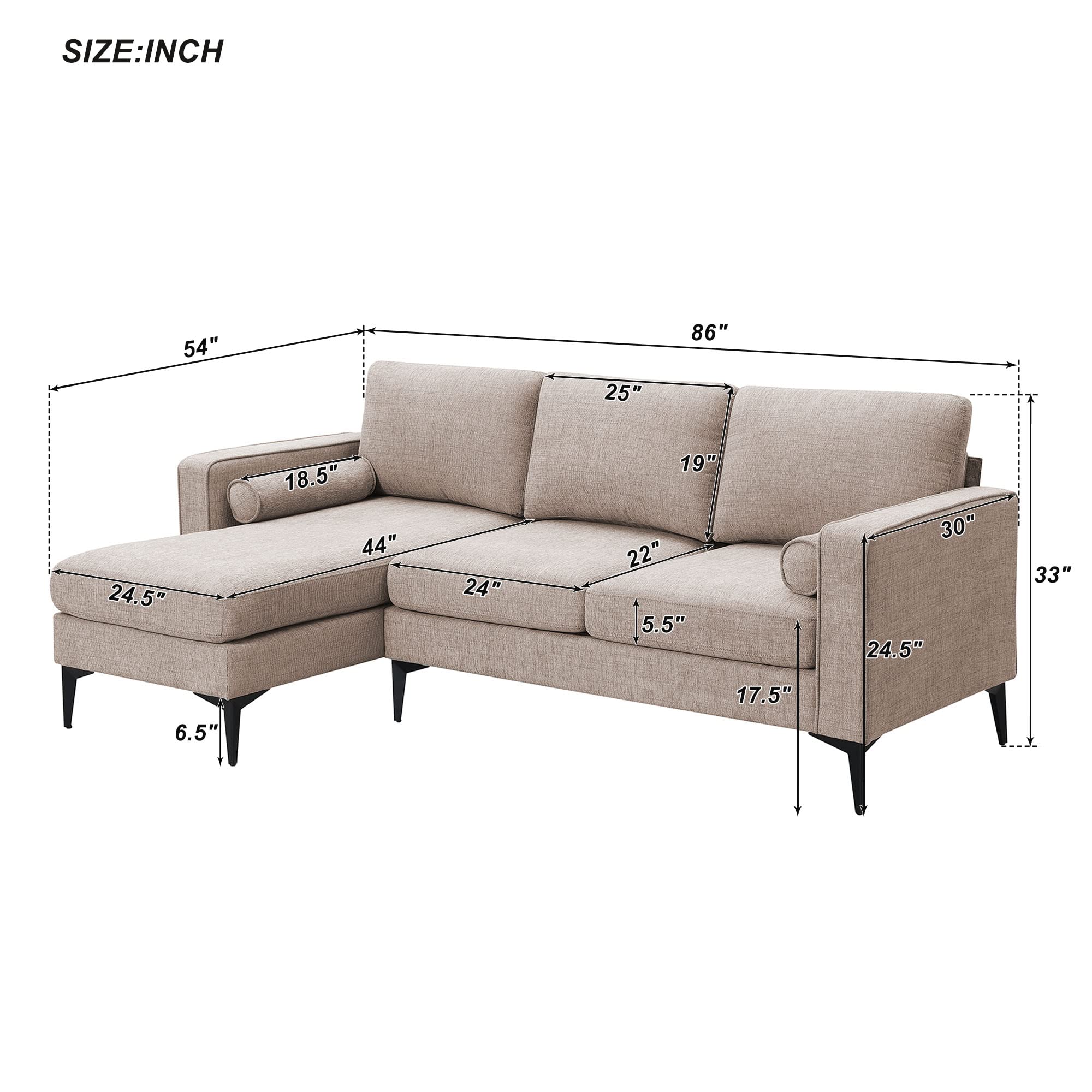 kevinplus 86'' Convertible Sectional Sofa Couch with Reversible Chaise Lounge for Living Room, Modern L-Shape 3-Seat Sofa Couch with Metal Legs for Apartment Office, Chenille Fabric, Camel