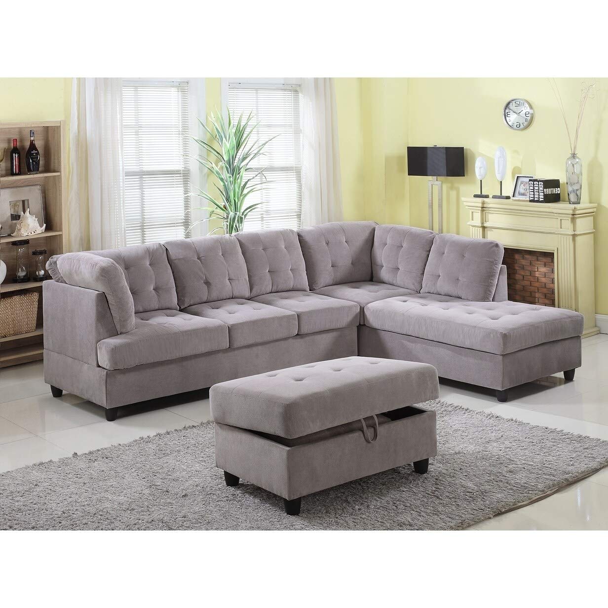 Golden Coast Furniture Brown Corduroy Fabric Upholstered 3-Piece Sectional Sofa with Ottoman Storage Grey