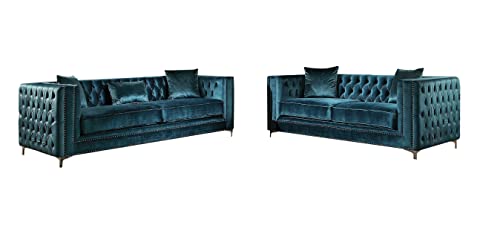 ICE ARMOR 2Pc Living Room Set Loveseat in Dark Teal Velvet Sofas