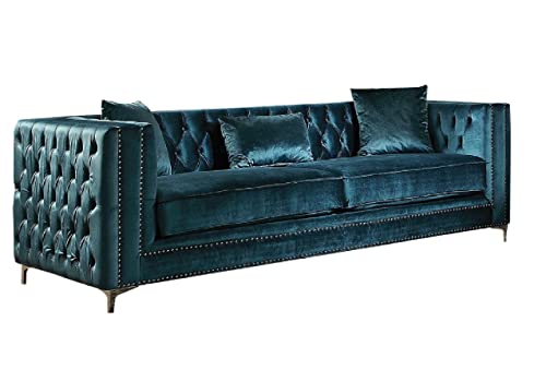 ICE ARMOR 2Pc Living Room Set Loveseat in Dark Teal Velvet Sofas