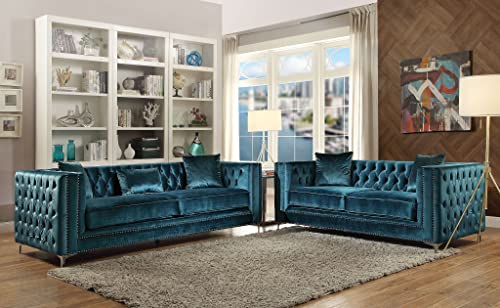 ICE ARMOR 2Pc Living Room Set Loveseat in Dark Teal Velvet Sofas