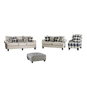 furniture of america calistoga fabric ivory 4pc sofa set with checkered ottoman