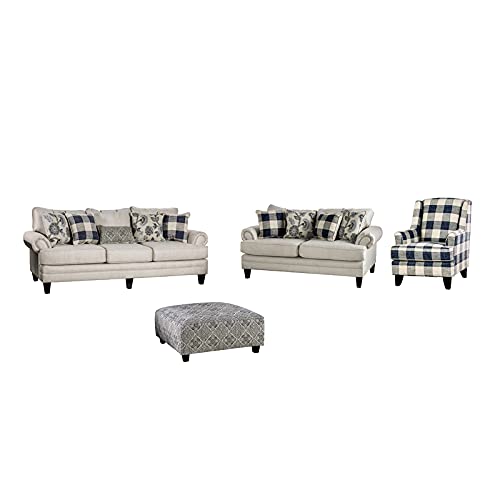 Furniture of America Calistoga Fabric Ivory 4pc Sofa Set with Checkered Ottoman