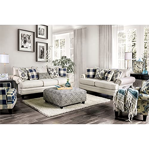 Furniture of America Calistoga Fabric Ivory 4pc Sofa Set with Checkered Ottoman