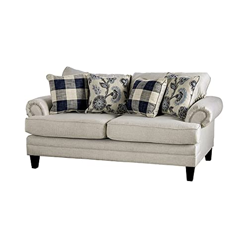 Furniture of America Calistoga Fabric Ivory 4pc Sofa Set with Checkered Ottoman