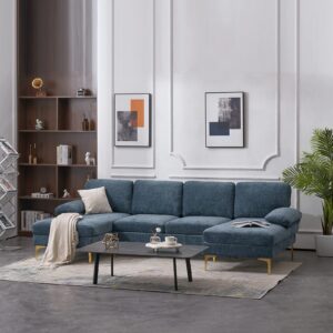 BeiXuan U Shaped Sofa Couch with Ottoman，Sectional Couches for Living Room，4-Seat Sofa Bed，Chenille，Grey-Blue Color