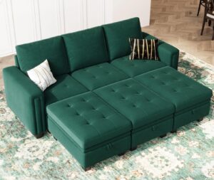 belffin green velvet l-shape modular convertible sofa bed with storage, 83.4x62.2x35.8 inches, 6 pieces, medium firmness