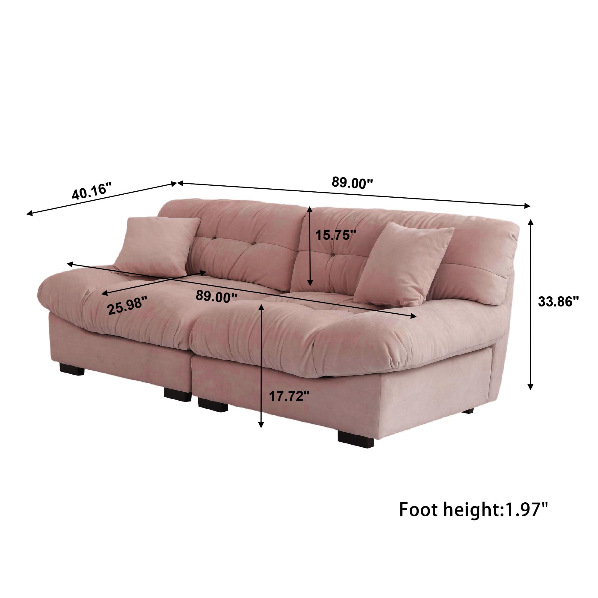 Sdorens 89" Cloud Sectional Couches, Loveseat Sofa Couch with 2 Pillows, Scrub Velvet Minimalist Sofa Couch, Modern Sofa for Living Room, Apartment, Bedroom, Office, Pink