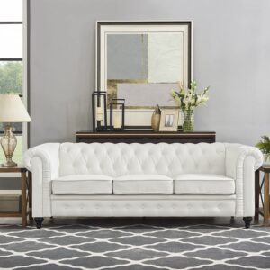 Chesterfield Sofa Set Sofa Loveseat Living Room Chair Juegos Modern Leather Couch Sofa Chair for Bedroom Chesterfield Tufted Leather Sofa Chair for Living Room Loive Seats Furniture Set - White