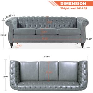 Wlvos 84" Leather Chesterfield Sofas for Living Room, Rolled Arm 3-Seater Large Couch Deep Button Nailhead Tufted Upholstered Couches for Bedroom, Office Apartment Easy to Assemble (Gray)