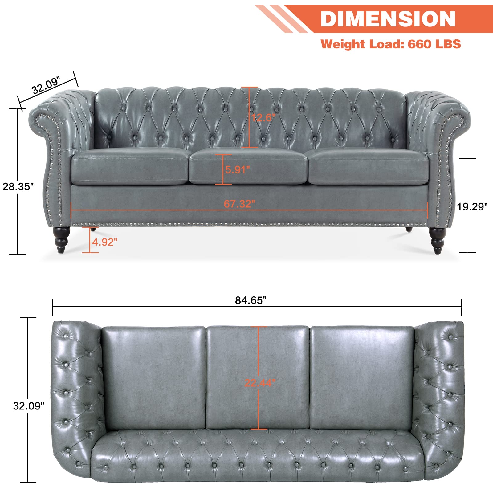 Wlvos 84" Leather Chesterfield Sofas for Living Room, Rolled Arm 3-Seater Large Couch Deep Button Nailhead Tufted Upholstered Couches for Bedroom, Office Apartment Easy to Assemble (Gray)