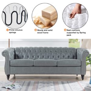 Wlvos 84" Leather Chesterfield Sofas for Living Room, Rolled Arm 3-Seater Large Couch Deep Button Nailhead Tufted Upholstered Couches for Bedroom, Office Apartment Easy to Assemble (Gray)