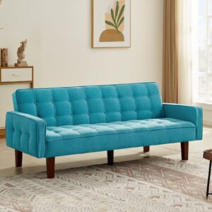 betoko linen futon sofa couch 73.6" fabric upholstered convertible sofa bed minimalist button tufted small 3 seater sleeper futon couch set for living room bedroom (blue)