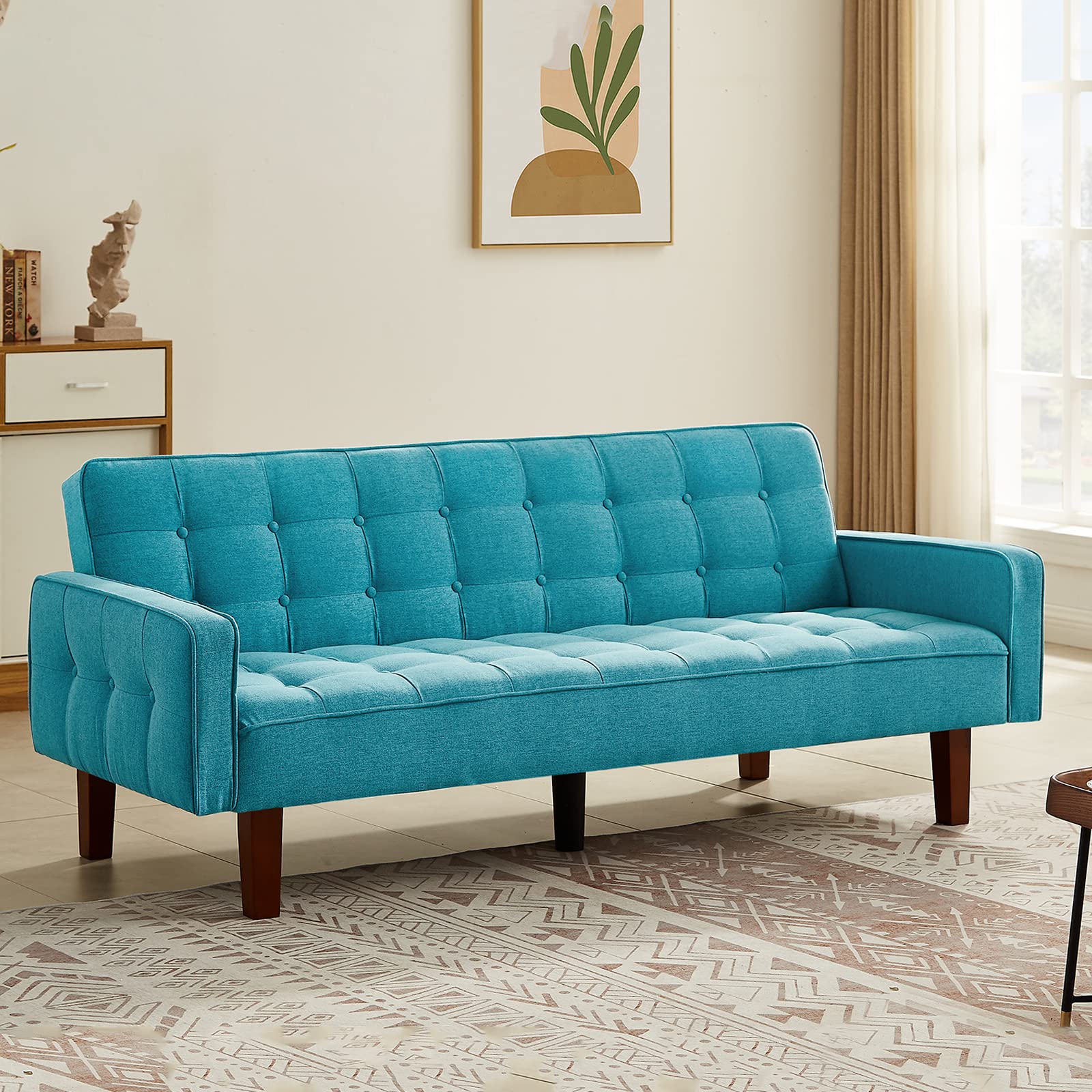 Betoko Linen Futon Sofa Couch 73.6" Fabric Upholstered Convertible Sofa Bed Minimalist Button Tufted Small 3 Seater Sleeper Futon Couch Set for Living Room Bedroom (Blue)