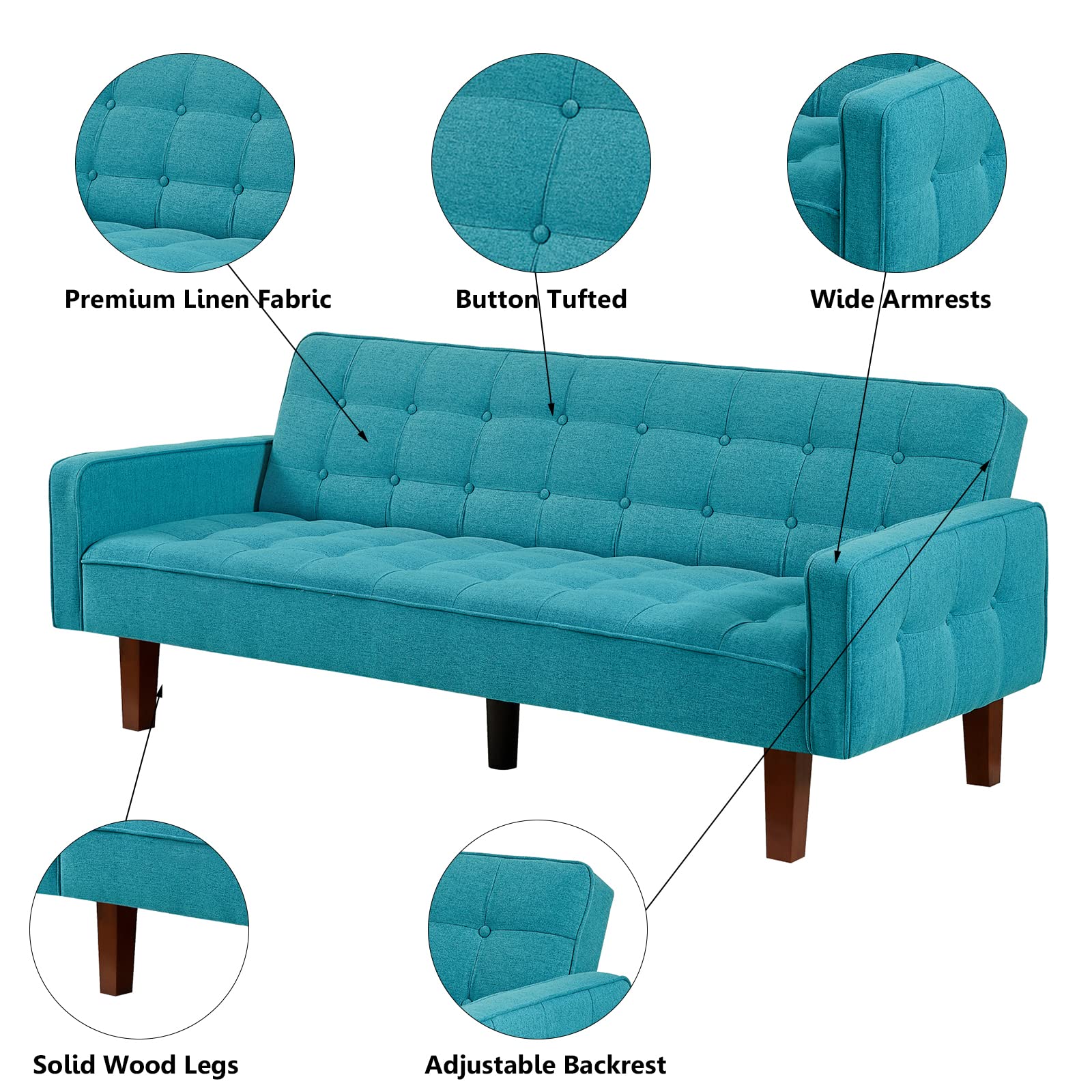 Betoko Linen Futon Sofa Couch 73.6" Fabric Upholstered Convertible Sofa Bed Minimalist Button Tufted Small 3 Seater Sleeper Futon Couch Set for Living Room Bedroom (Blue)