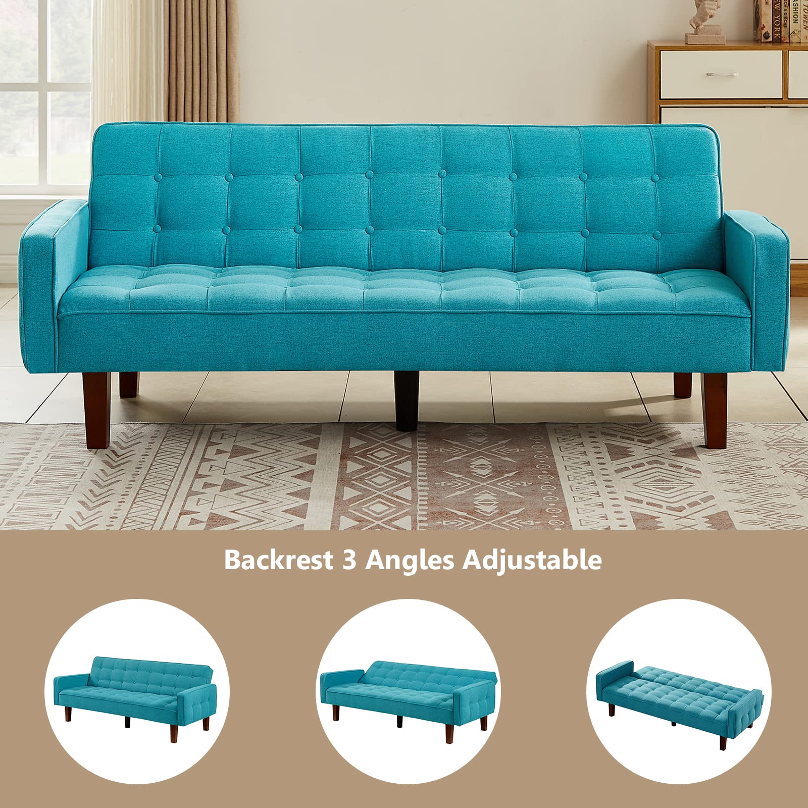 Betoko Linen Futon Sofa Couch 73.6" Fabric Upholstered Convertible Sofa Bed Minimalist Button Tufted Small 3 Seater Sleeper Futon Couch Set for Living Room Bedroom (Blue)