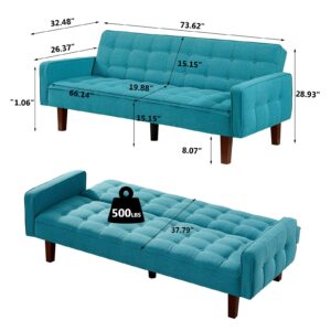 Betoko Linen Futon Sofa Couch 73.6" Fabric Upholstered Convertible Sofa Bed Minimalist Button Tufted Small 3 Seater Sleeper Futon Couch Set for Living Room Bedroom (Blue)