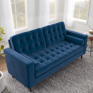 edenbrook lynnwood upholstered sofa - couch for living room office or bedroom - mid-century modern design furniture - buttonless tufting - simple assembly - includes bolster pillows - navy velvet