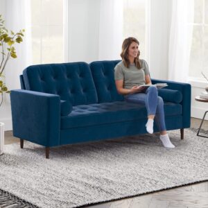 Edenbrook Lynnwood Upholstered Sofa - Couch for Living Room Office or Bedroom - Mid-Century Modern Design Furniture - Buttonless Tufting - Simple Assembly - Includes Bolster Pillows - Navy Velvet