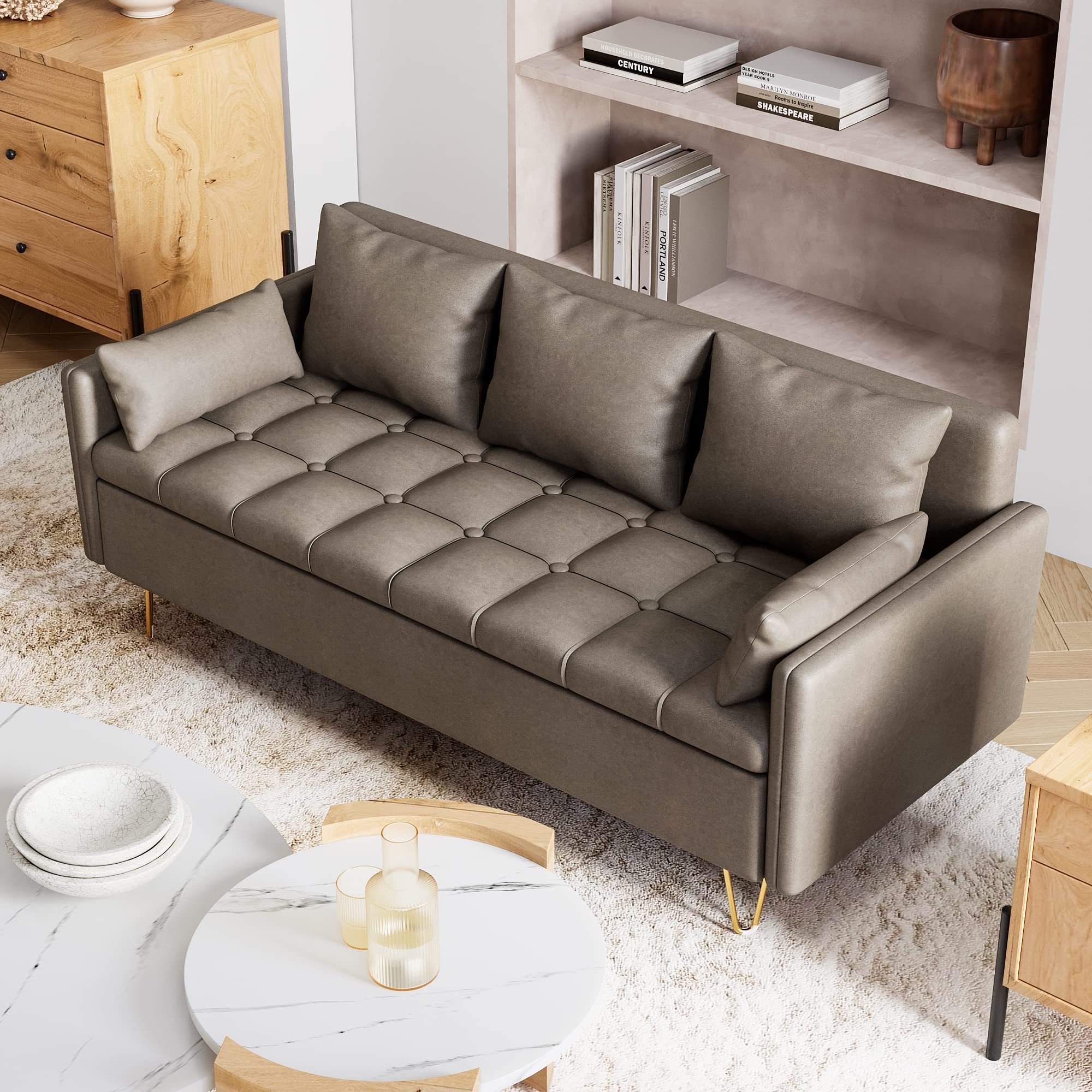 Senfot Faux Leather Sofa Couch 60" W Sofas with Button Tufted Design and Hand Stitched, Heavy Duty Foundation with Gold Metal Legs, Lift-Up Storage and Bolster Pillows in Dark Brown