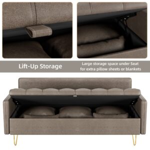 Senfot Faux Leather Sofa Couch 60" W Sofas with Button Tufted Design and Hand Stitched, Heavy Duty Foundation with Gold Metal Legs, Lift-Up Storage and Bolster Pillows in Dark Brown